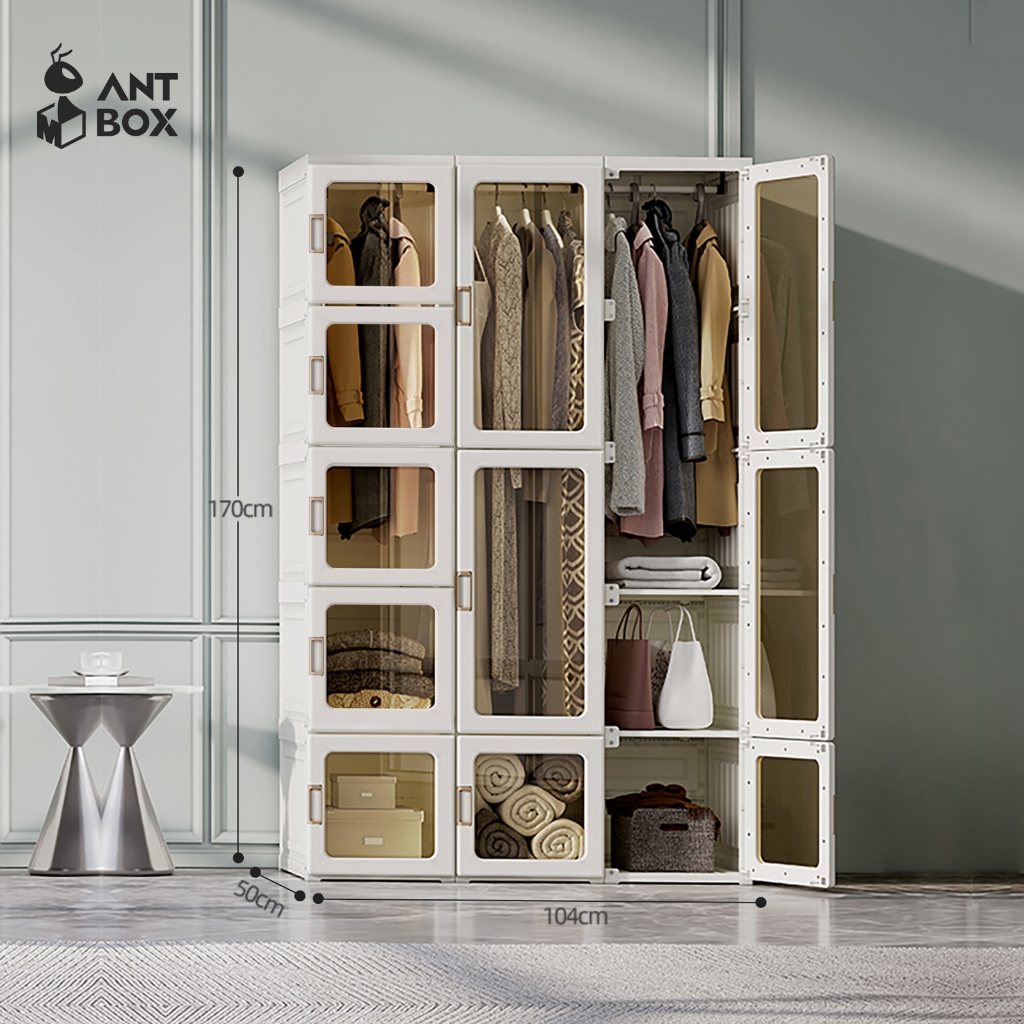 ANTBOX Wardrobe 15 Cubes 3 Hanger 890L Portable Wardrobe Cabinet Transparent Installation Free ...