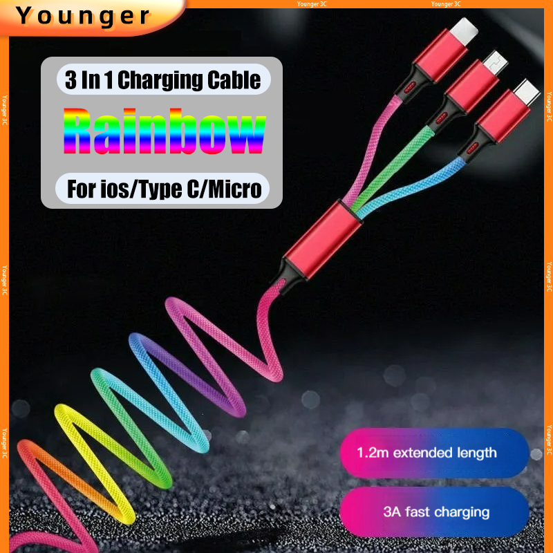 3 in 1 Rainbow Fast Charge Cable Colorful USB A Data Cable Rainbow ...