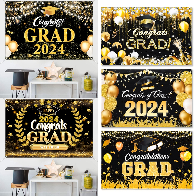 100*150cm Vinly Graduates Grad 2024 Backdrop Black Gold Glitter ...