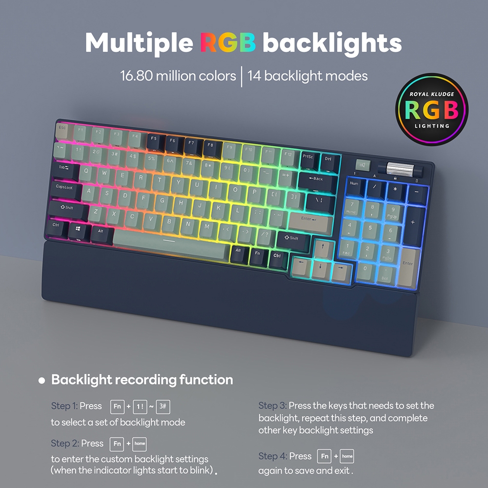 RK ROYAL KLUDGE RK96 Colored keycaps RGB 96 Keys Wireless Triple Mode ...