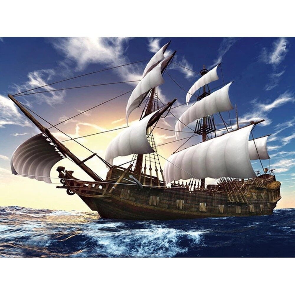 Sailing boat, seaside scenery 5D DIY diamond painting full circle ...