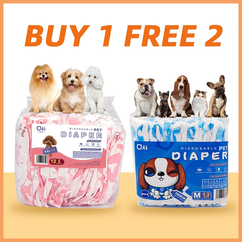 【BUY 1 FREE 2】Qti Pet Dog Diaper Female Male Pet Diaper 12+24pcs/17 ...