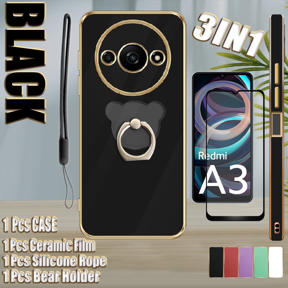 3 IN 1 For Redmi A3 Soft Silicone Electroplated Case With Tempered ...