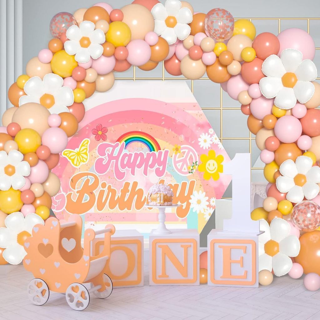 147Pcs Groovy Balloon Arch Kit with Daisy Flower Rose Gold Confetti ...