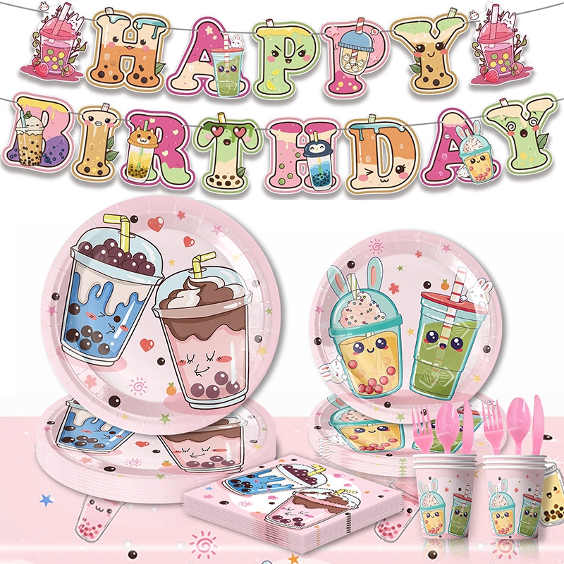 Pink Cute Milk Tea Paper Plate Cup Napkin Tablecloth Tableware Set Boba ...
