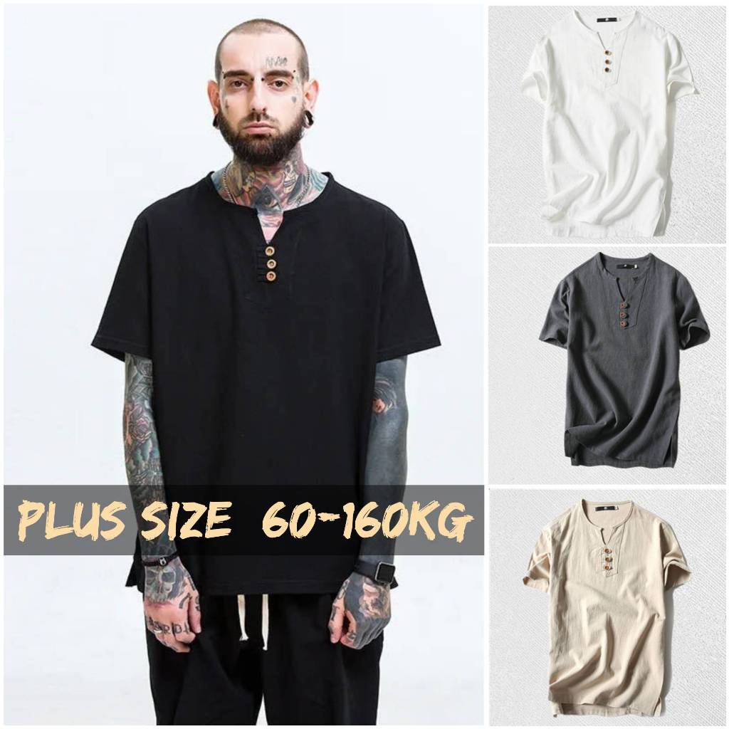 60-160KG Plus Size Men Raya Summer Cotton Linen V Neck Short Sleeve Muslim T-shirts | Shopee ...