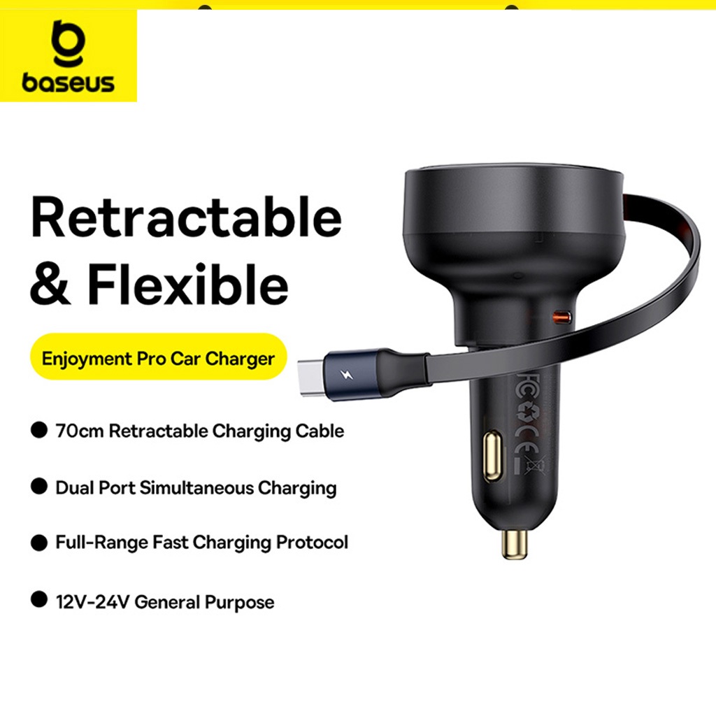 Baseus 60W Car Charger 2-in-1 Built-in Retractable Fast Charging Type-C & Type-C Cable | Shopee ...