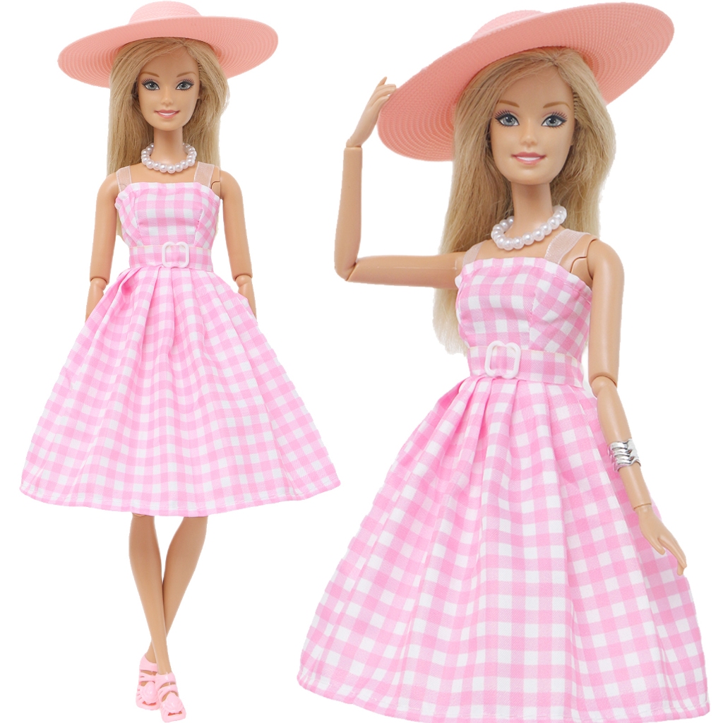 1 Set 12 Inch Doll Clothing, Fashion Pink Doll Plaid Dress Elegant Girl ...