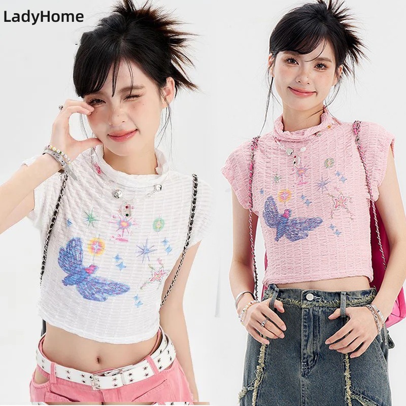 LHJ Summer Cartoon Retro Print T-shirt Women Dopamine Half Turtleneck ...