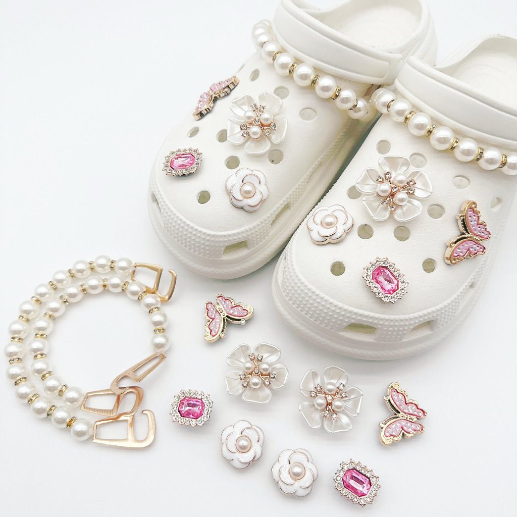 10PCS Pink Butterfly Flower Gem Chain Shoe Charms Set for Clogs – Cute ...