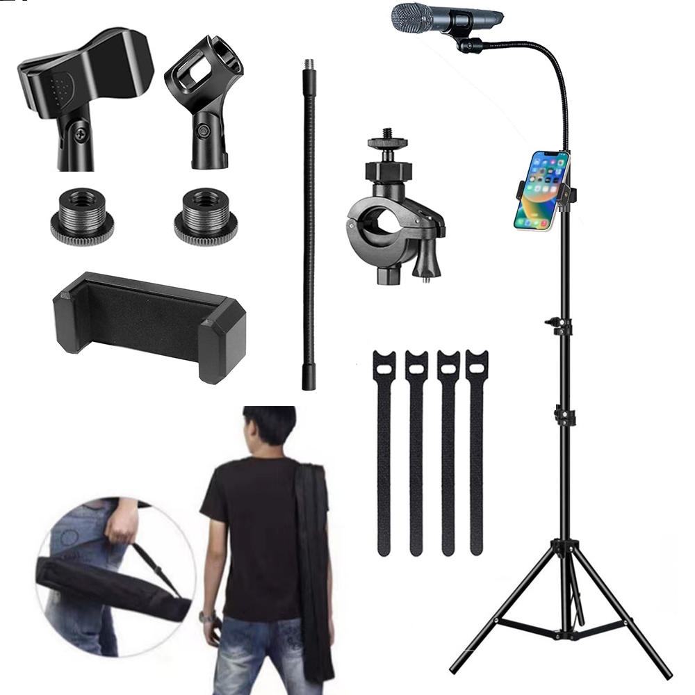 Dual-use Tripod Microphone Stand with Phone Holder Gooseneck Floor Mic ...