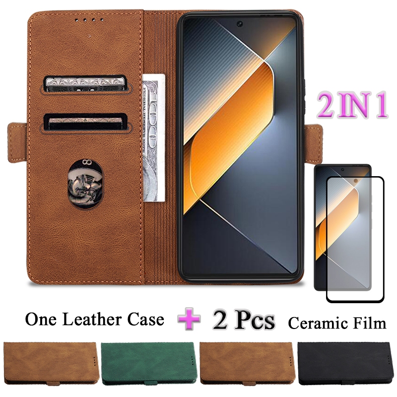 2 IN 1 For Tecno Pova 6 Pro 5G Phone Case Leather Case With Ceramic Film Protector Screen Curved ...