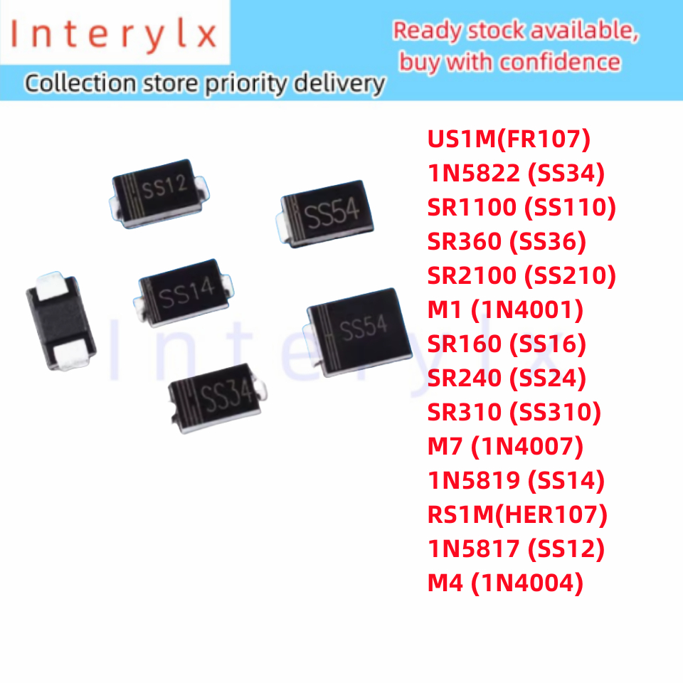 100pcs Rectifier diode M1 M4 M7 SS12 SS14 SS16 SS24 SS34 SS36 SS110 SS210 SS210 US1M RS2M ES1D ...
