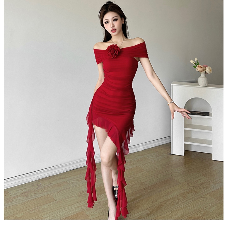Cutenew Elegant Off Shoulder 3D Rose Decorative Mini Dress for Women ...