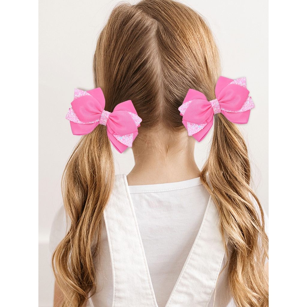 2pcs/set Glitter Pink Hair Bows Ribbon Hair Clip Set for Kids Fashion ...