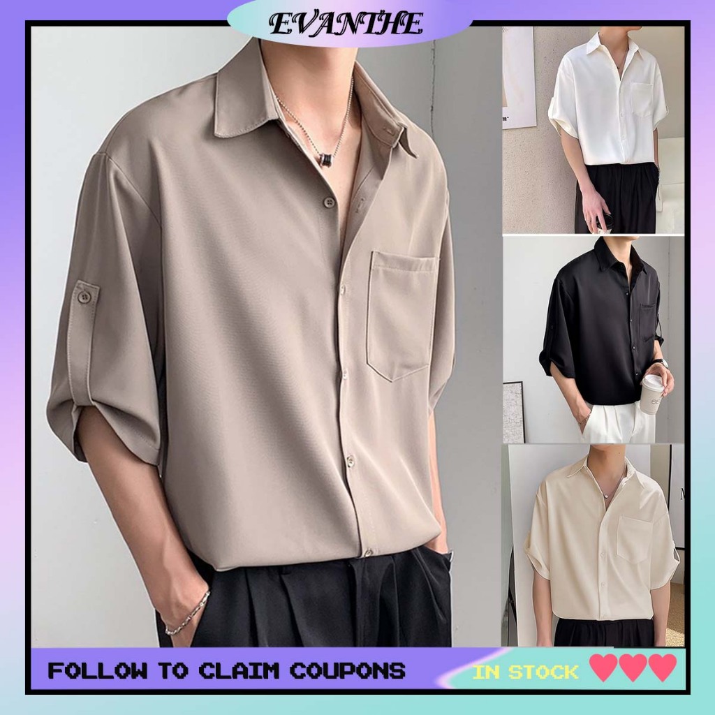 EVANTHE Men's Oversized Fashion Casual 3/4 Sleeve Shirts Korean Style ...