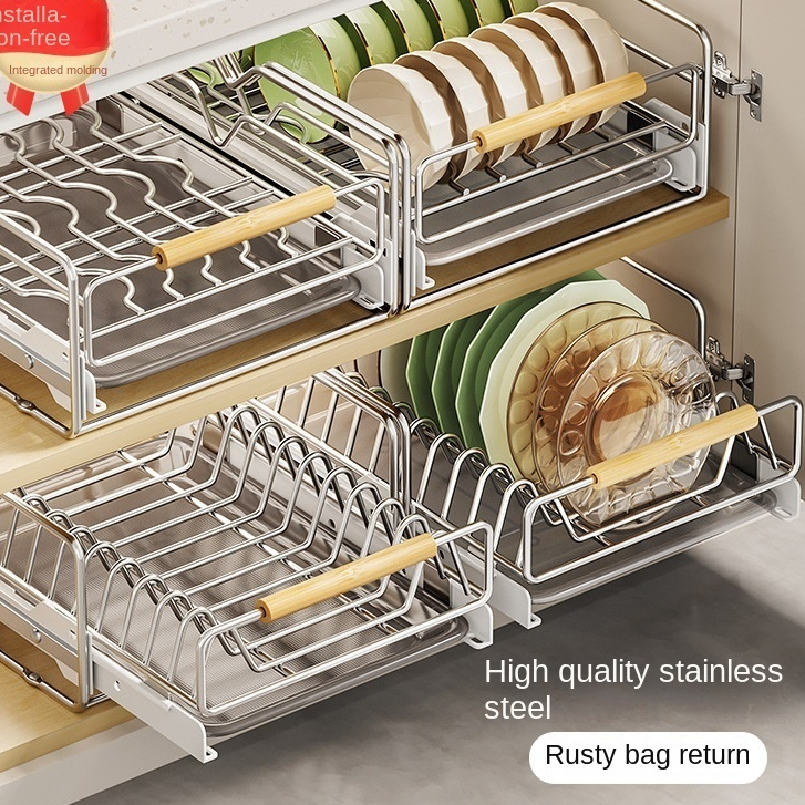 Stainless Steel Dish Storage Rack Kitchen Cabinet Inner Rack Drawer ...