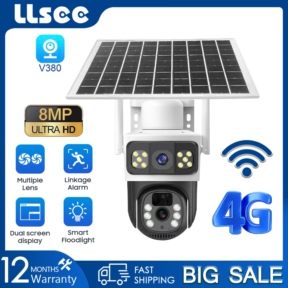 LLSEE V380 8MP 4K Dual Lens Solar Camera 4G SIM Card Wireless CCTV Outdoor Waterproof WIFI ...