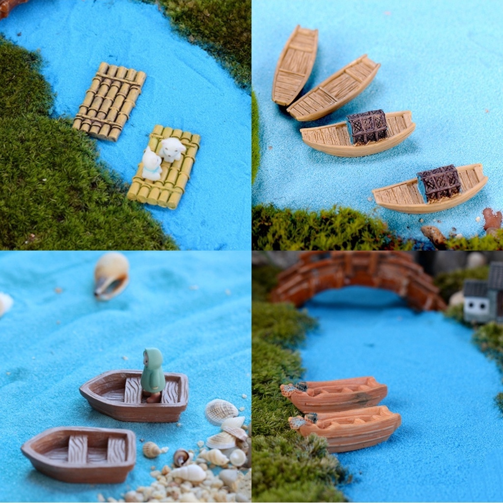 Mini Cute Figurines Miniature Bamboo Raft Boat Resin Fairy Garden Boat ...