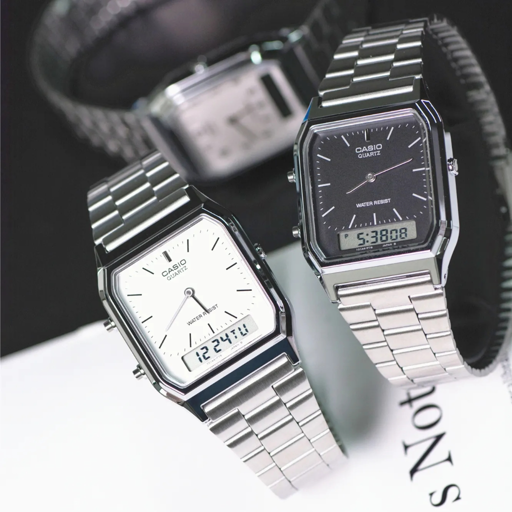 AQ-230A Stainless Square Watch Waterproof Sports DUAL-DISPLAY Wrist ...