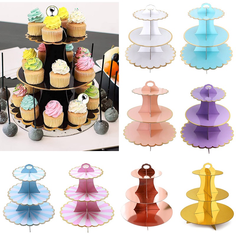 Cupcake Stand 3 Tier Dessert Foldable Display Paper Striped Round ...