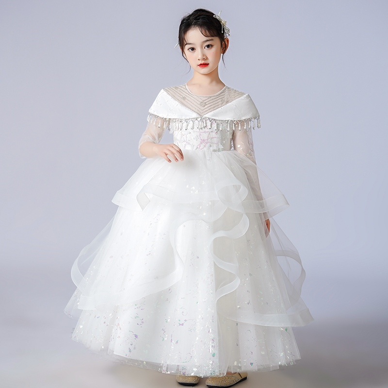 Girls Princess White Dress Birthday Gown Long Style Fluffy Mesh Sleeve ...
