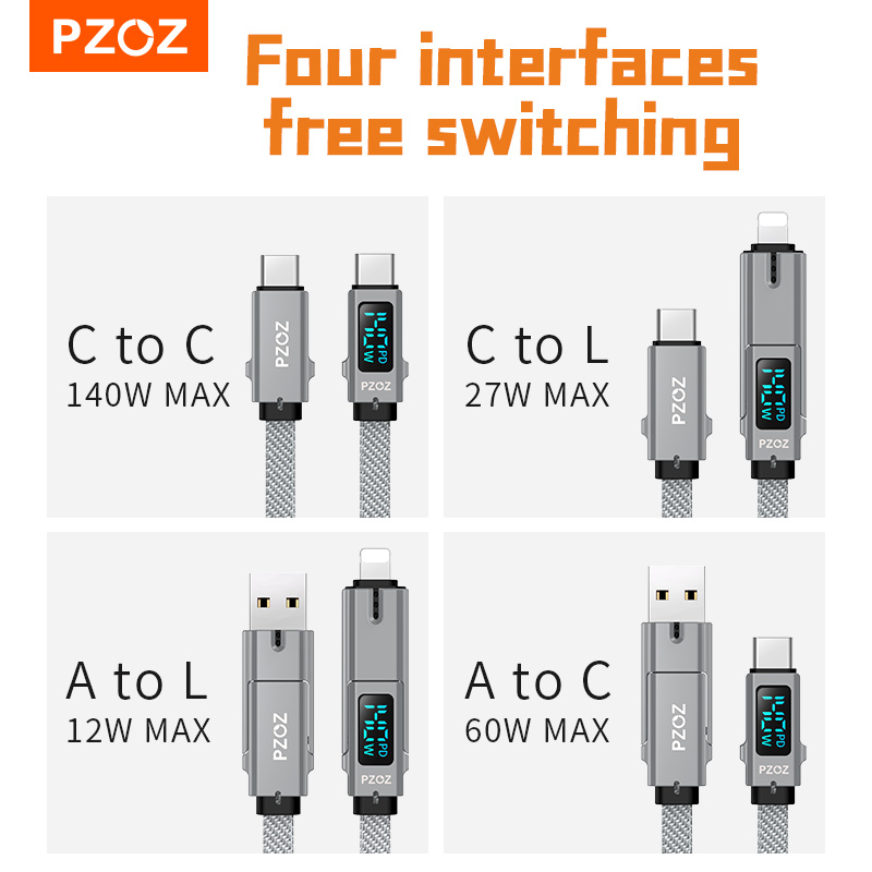 PZOZ 4 in 1 140W PD USB C Cable Digital Display Fast Charging For ...
