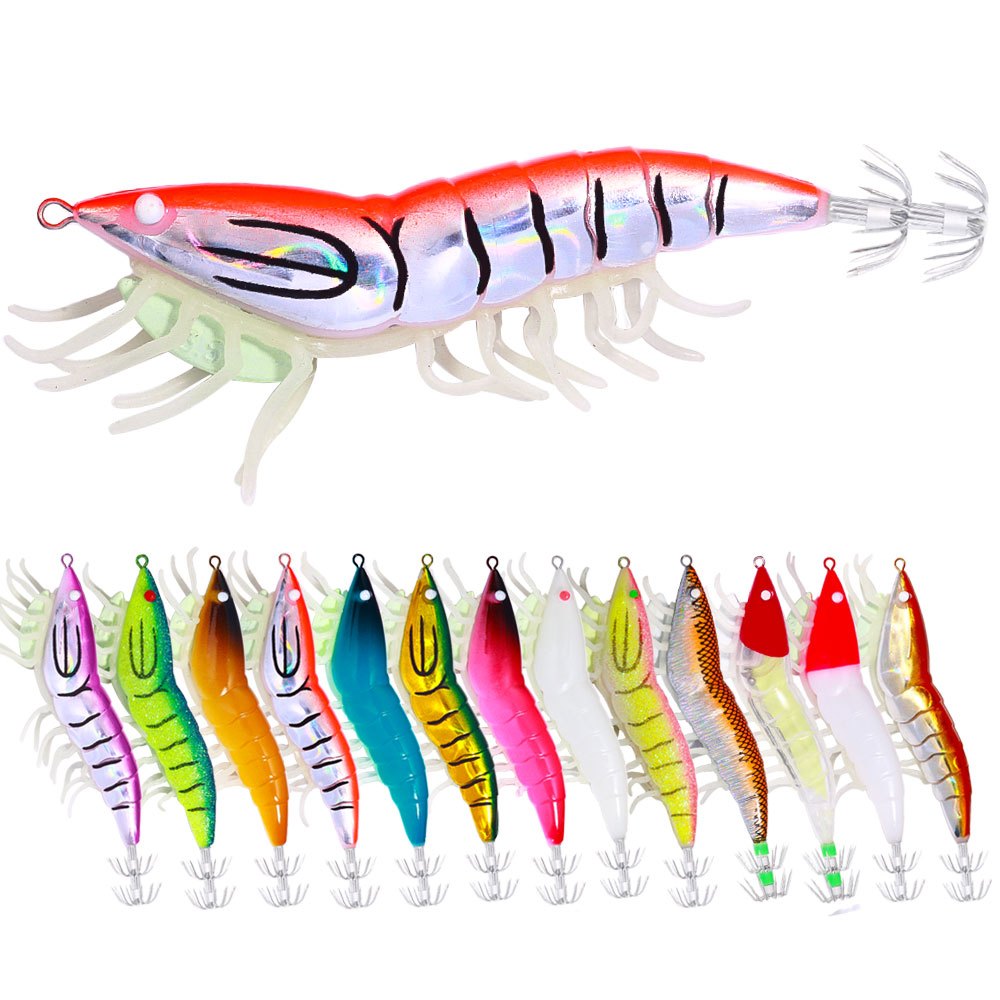 1 PC Fishing Gear Luminous Squid Jig Hook Saltwater Fishing Lures 12cm/20g Plastic Glow Shrimp ...