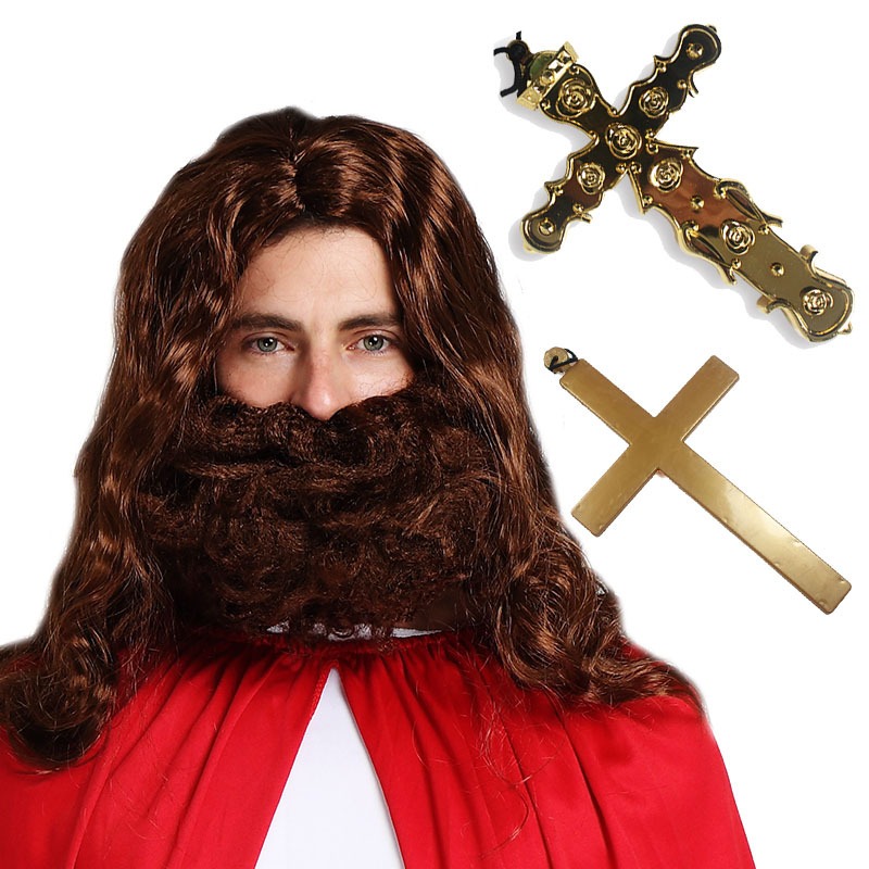 Priest Jesus Wig Moustache Set Cross Halloween Cosplay Costumes Short ...