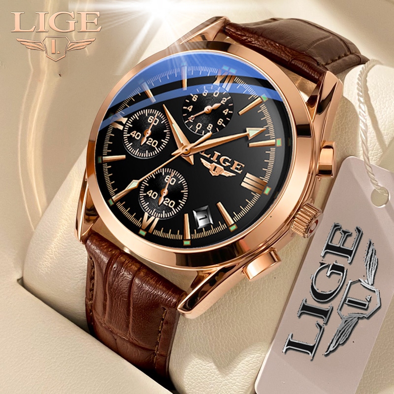 LIGE Watch Original Men Sports Waterproof Leather Analog Quartz Fashion ...