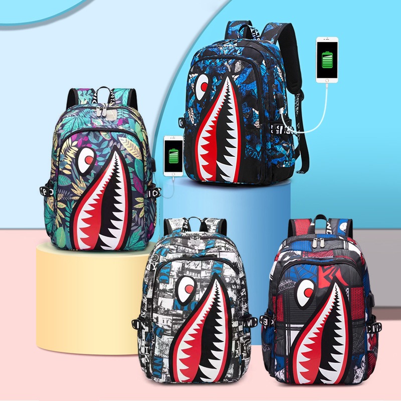 Shark Backpack With USB Port Waterproof Schoolbag for Boys Teens ...