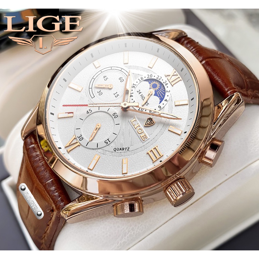 LIGE Official Watch Original Men's Fashion Leather Waterproof Luminous ...