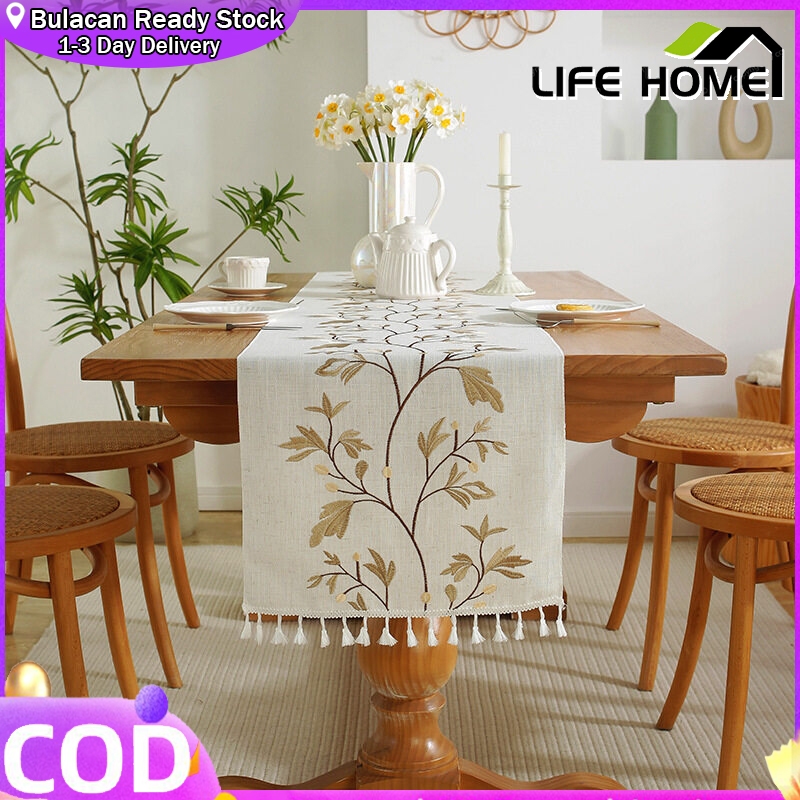 Table Runner Rectangle 4/6/8 Seater Cotton Embroidery Leaf Home Dining ...