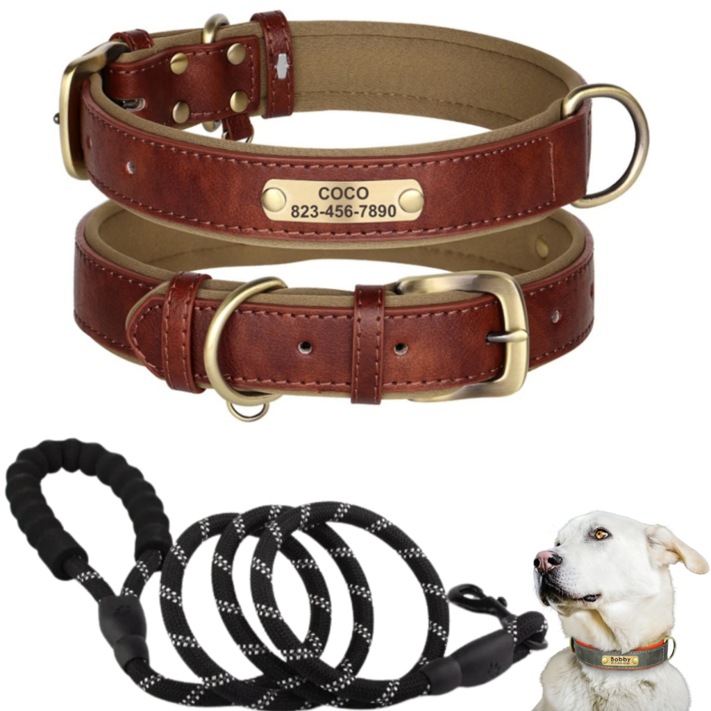 Personalized ID Customized PU Leather Dog Collar Leash Set Anti-lost ...