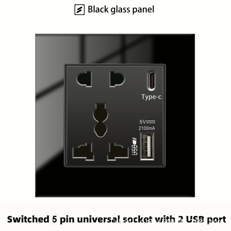 Type 86 multi-five-hole USB+type-c tempered glass panel wall socket ...