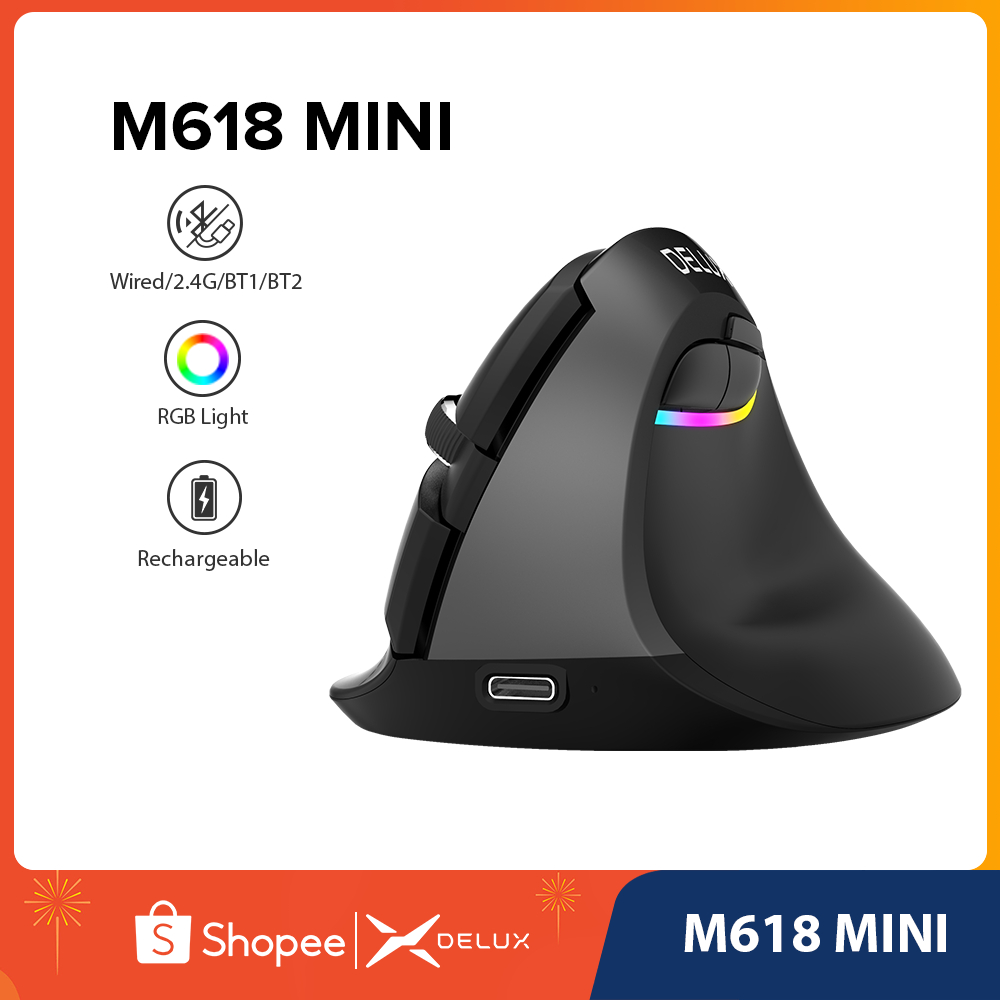 Delux M618 Mini Black Ergonomic Mouse Wireless Vertical Bluetooth USB 2 ...