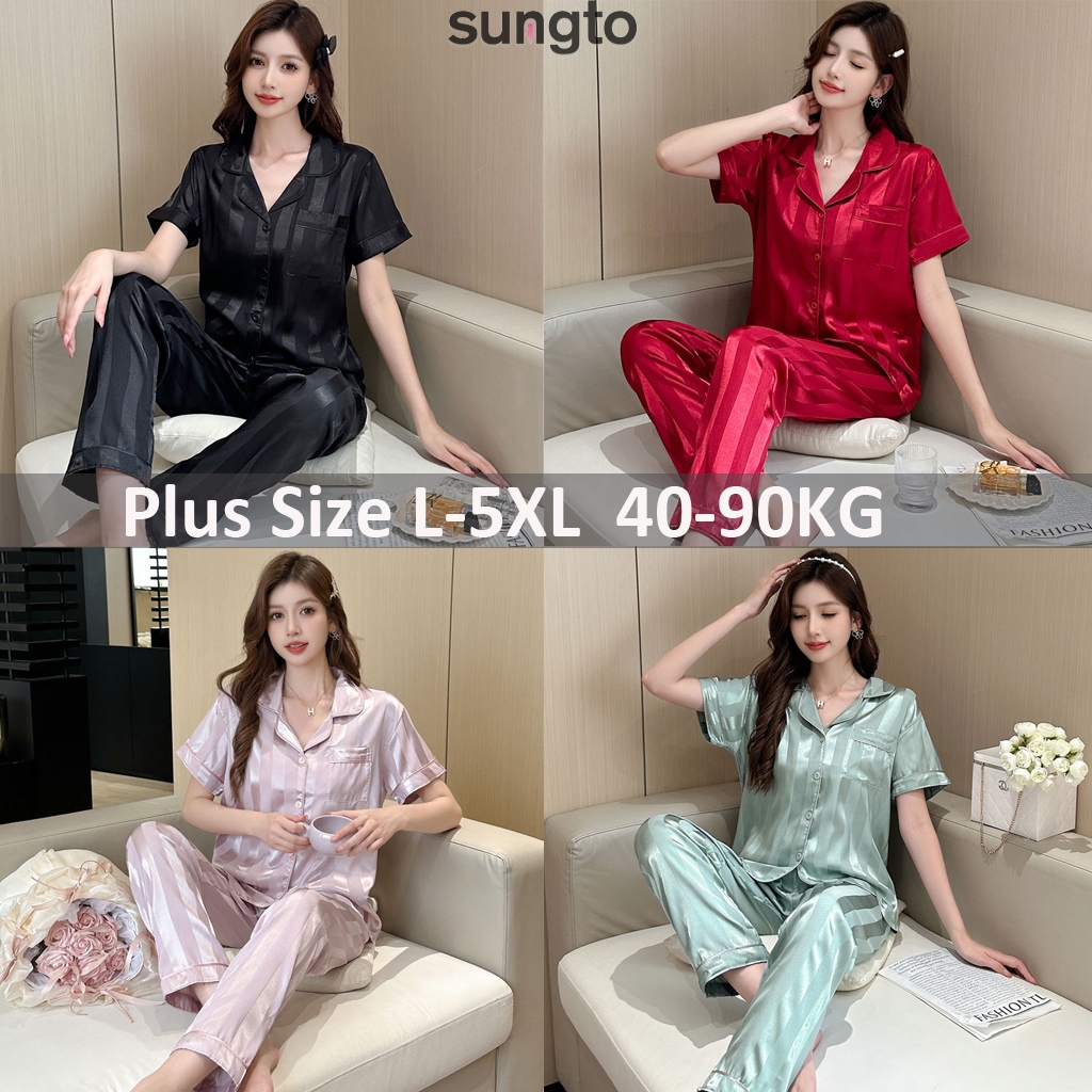 Women Plus Size L-5XL Silk Satin Short Sleeves Pyjamas Set Girls Striped Sleepwear Female ...