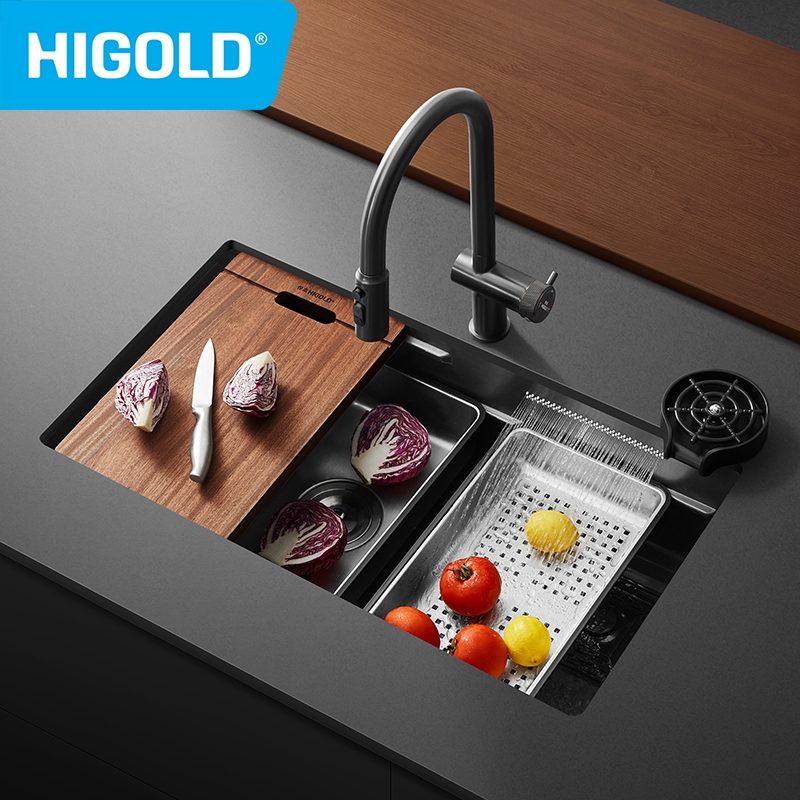 HIGOLD Handmade Waterfall Sink Black Nano Kitchen Sink 304 Stainless ...
