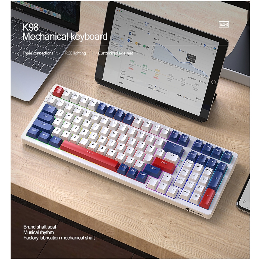 K98 RGB Bluetooth Mechanical Keyboard 2.4G Tri-Mode, Red Yellow Switch ...
