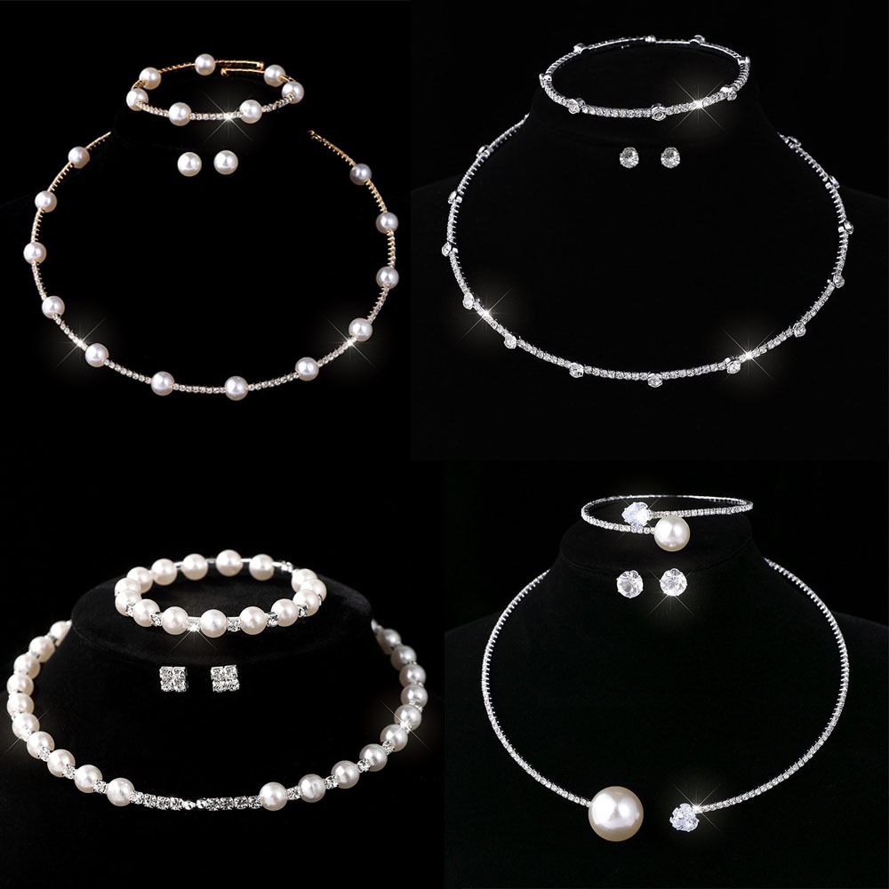 3pcs/set jewelry set Pearl rhinestone necklace bracelet earrings for ...