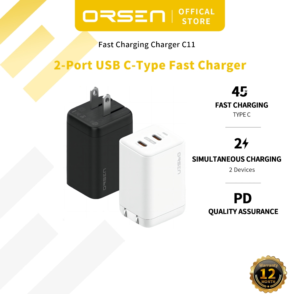 Orsen C11 Quick Charger 2-Port C-Type PD 45W GaN QC 4.0 Adapter Laptop ...