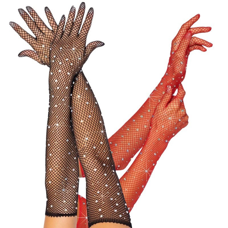 WBPH Belle Black White Red Long Mesh Gloves With Rhinestones Hollow ...