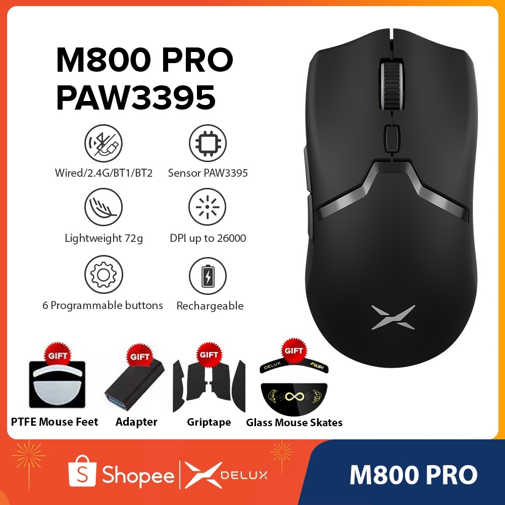Delux M800 Paw3395 Lightweight Wireless Bluetooth Gaming Mouse 72g with ...