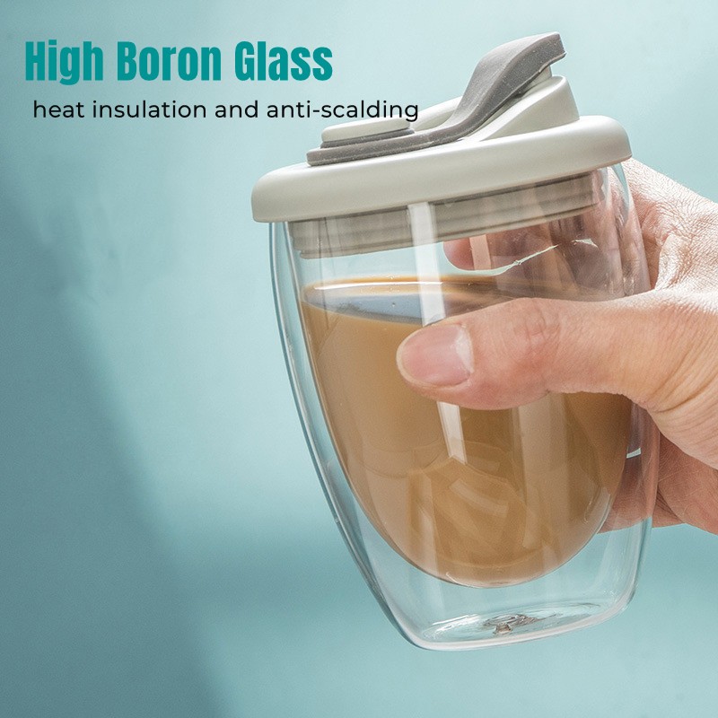 Hotsan Coffee Cup Double Walled Glass with Lid Portable Glass Coffee ...