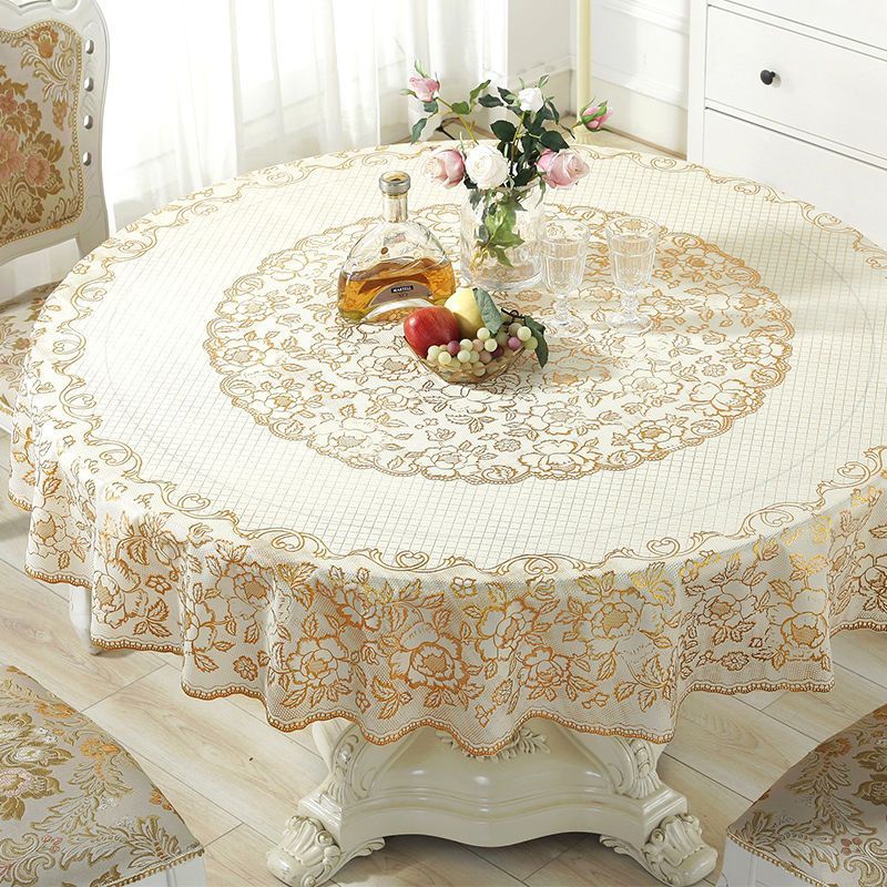 4/6/8/10 Seater Round Table Cloth Gold Oil Proof Waterproof Table Cover ...