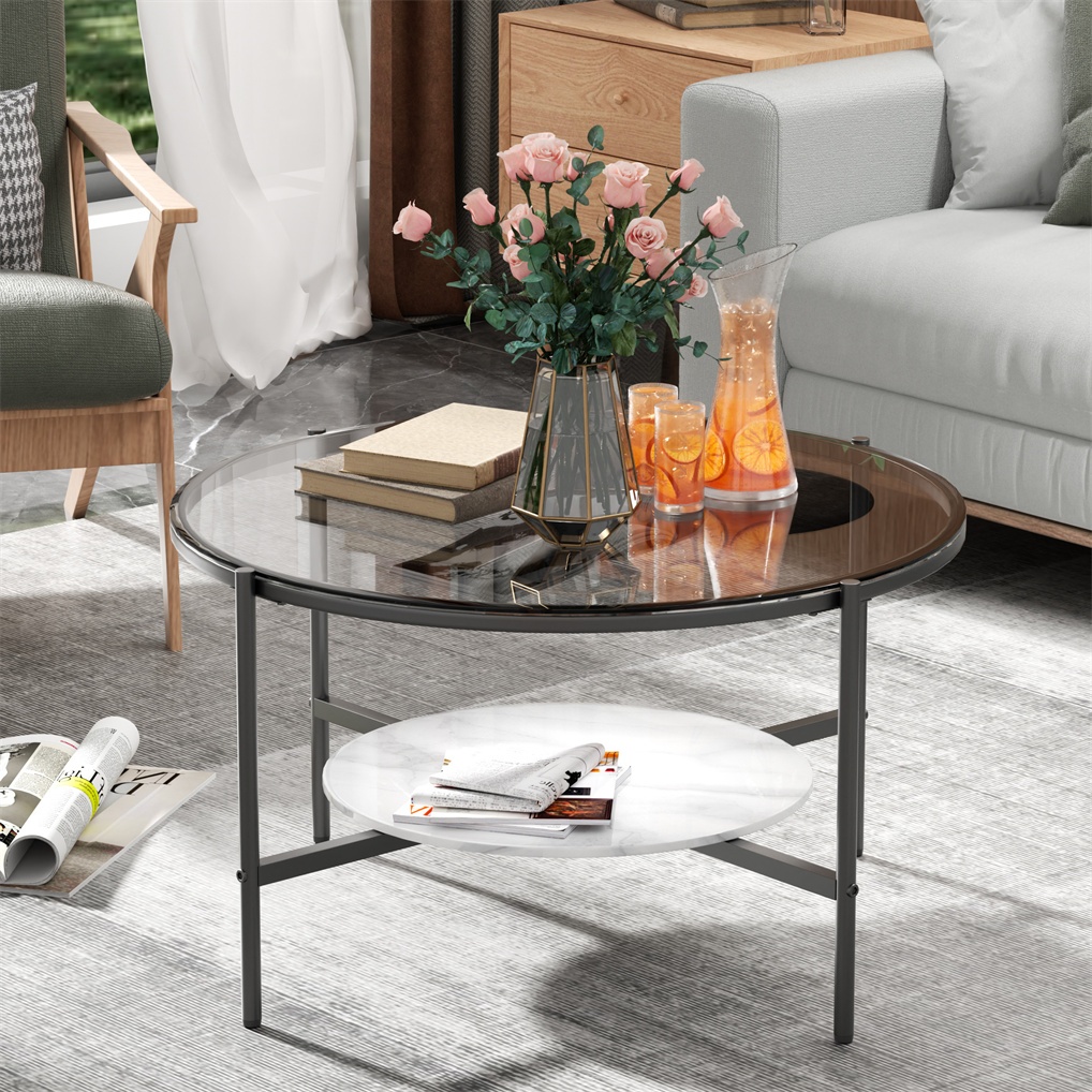 Round Coffee Table 2-tier Coffee Accent Table Tempered Glass Top ...