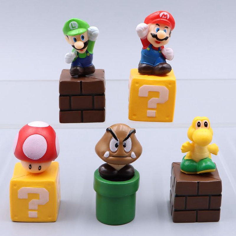 5Pcs/Set Game Super Mario Bros. Figure Luigi Mario Red Mushroom Goomba ...