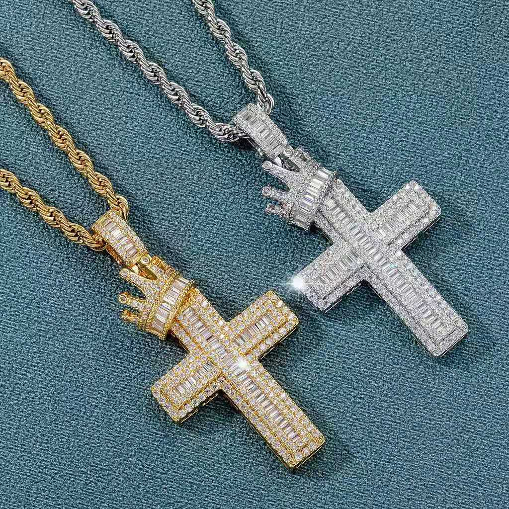 GOLD STAR Iced Out Crown Cross Pendant Necklace For Men's Hip Hop ...