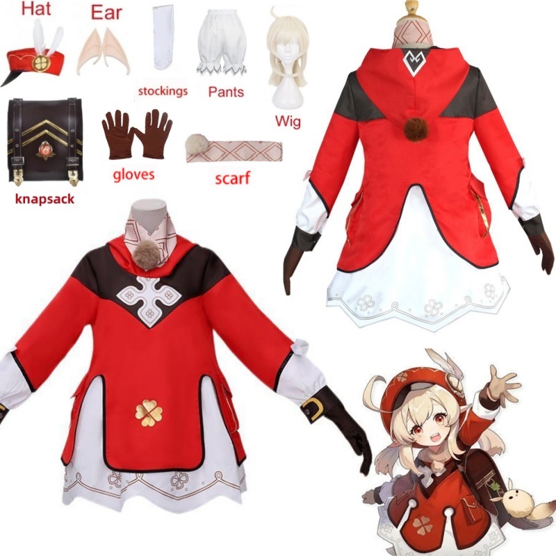 Game Impact Klee Cosplay Costume Wig with Hat Full Set Cute Loli Dress ...