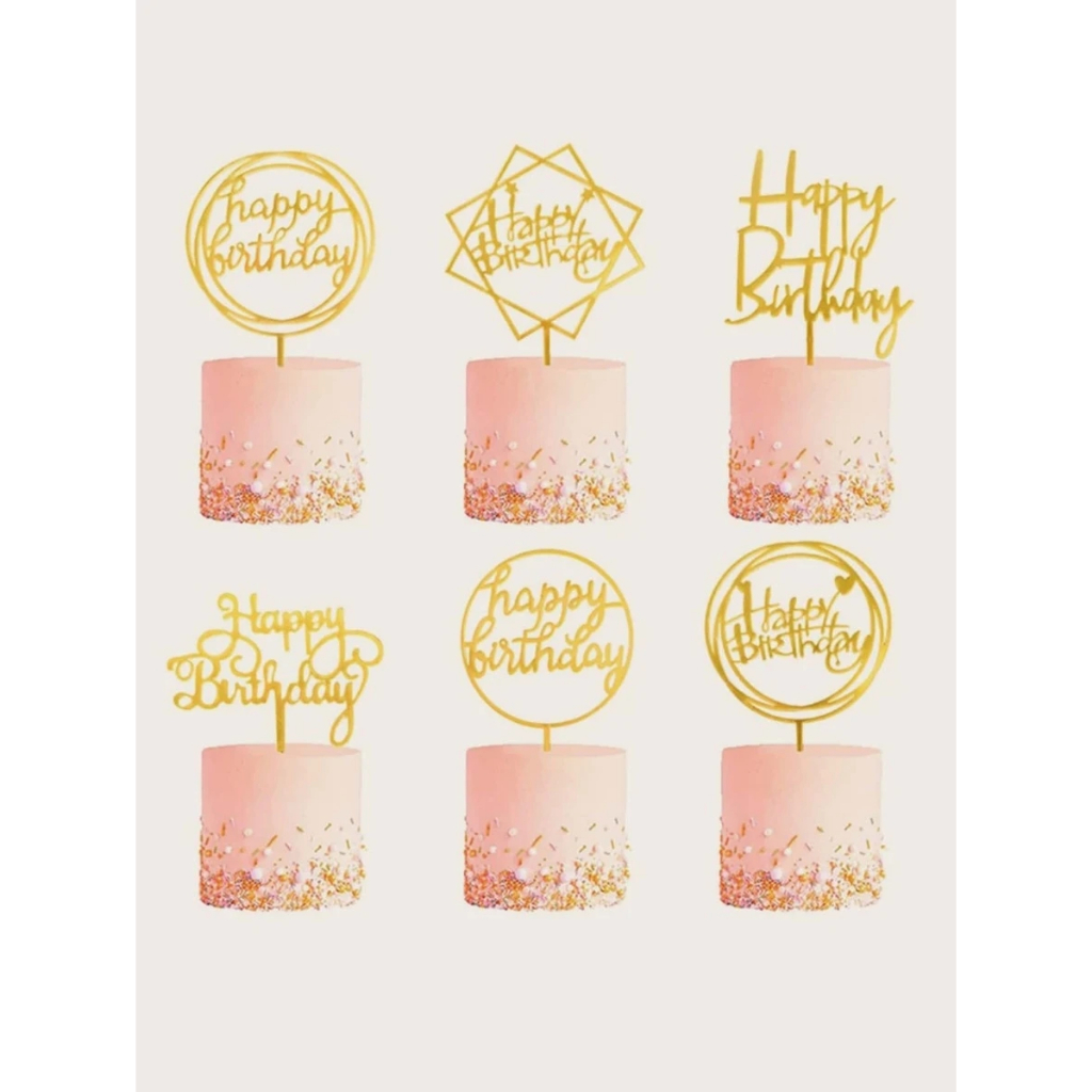 6pcs/bag Happy Birthday Cake Topper Acrylic Gold Mirror Cupcake Topper ...